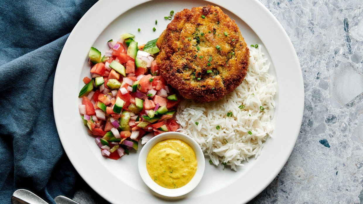 Cod Cake with Amba Sauce and Israeli Salad | Aish